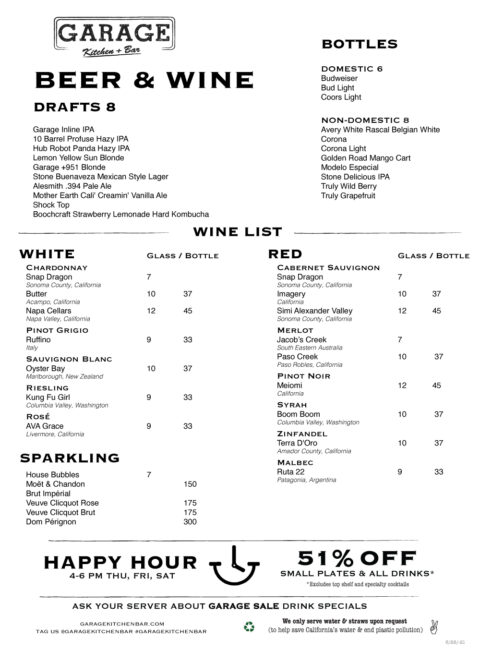 MENUS - Garage Kitchen + Bar | San Diego Bar