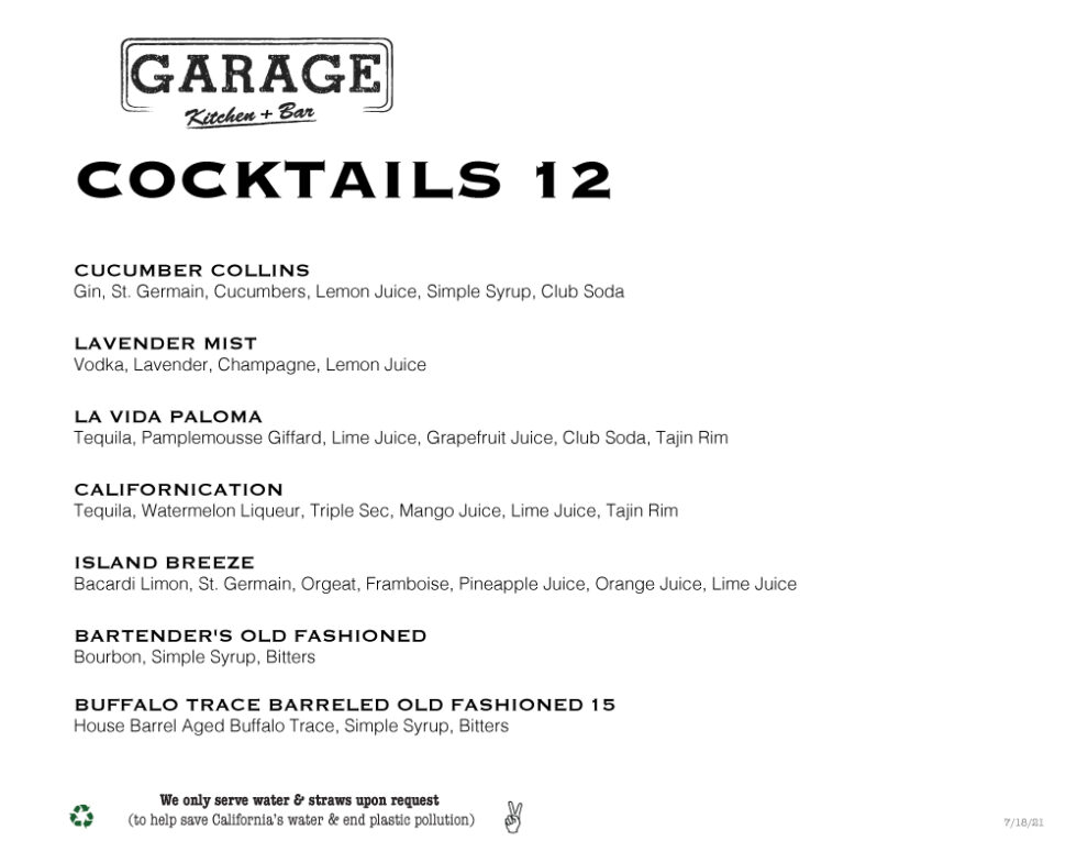 MENUS - Garage Kitchen + Bar | San Diego Bar