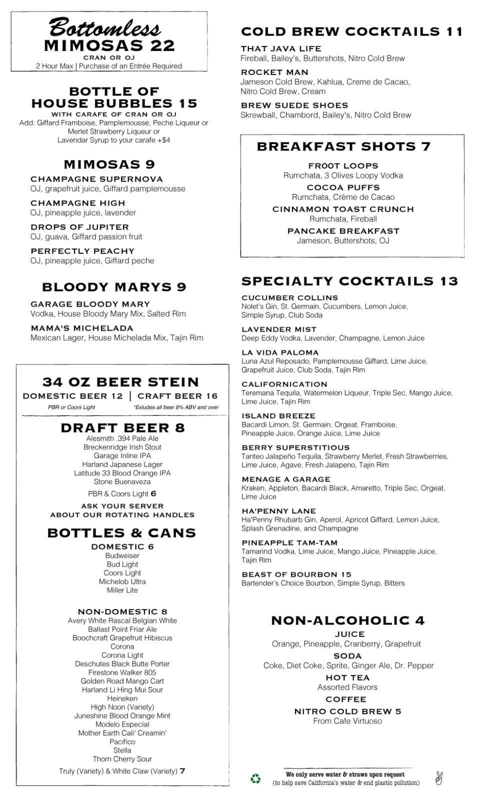 MENUS - Garage Kitchen + Bar | San Diego Bar