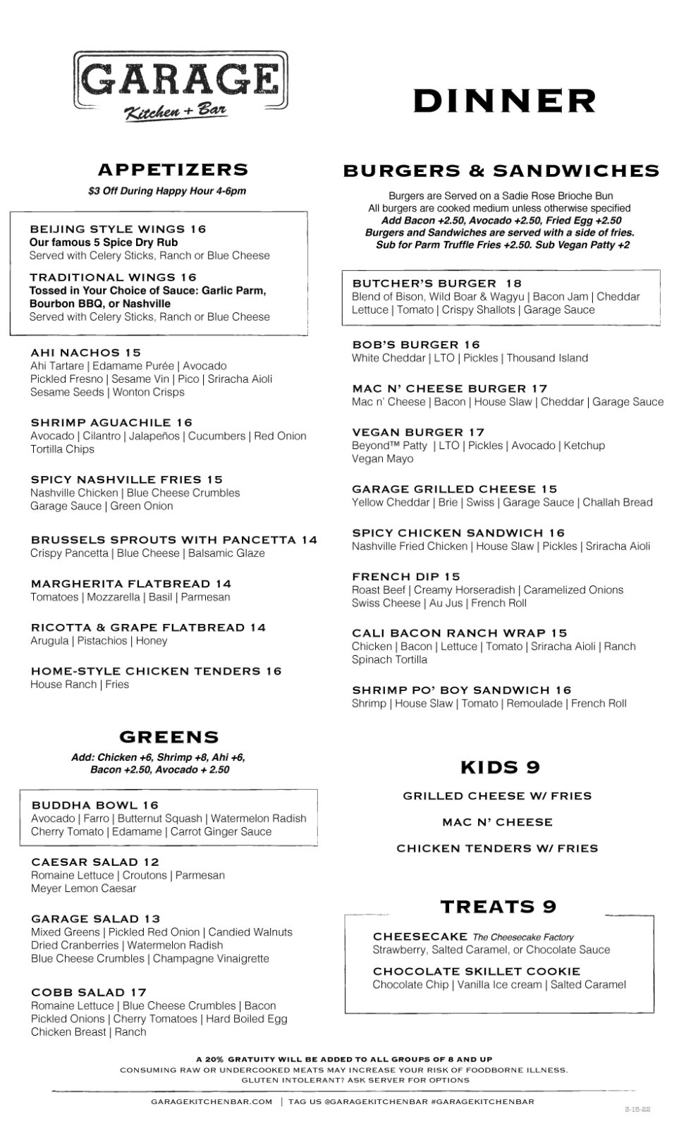 MENUS - Garage Kitchen + Bar | San Diego Bar