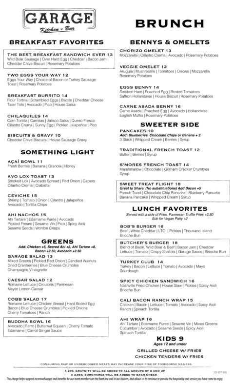 MENUS - Garage Kitchen + Bar | San Diego Bar