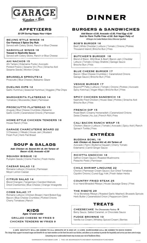 MENUS - Garage Kitchen + Bar | San Diego Bar