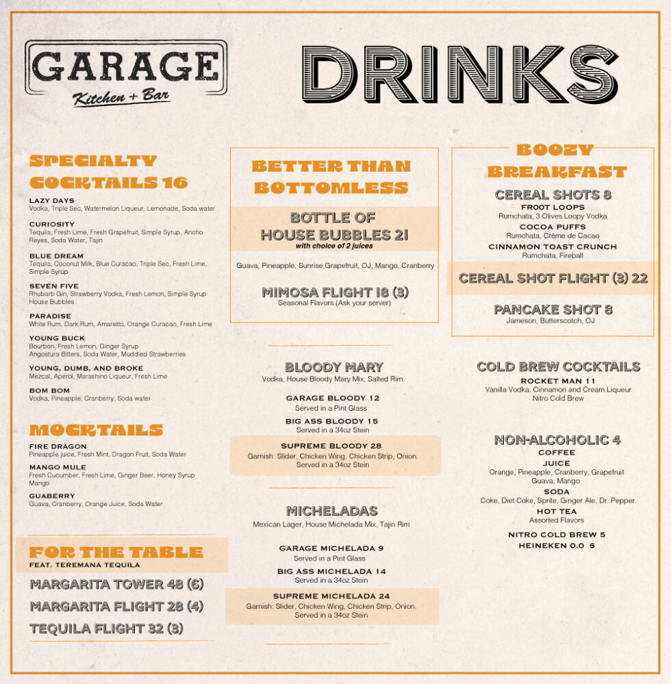 MENUS - Garage Kitchen + Bar | San Diego Bar