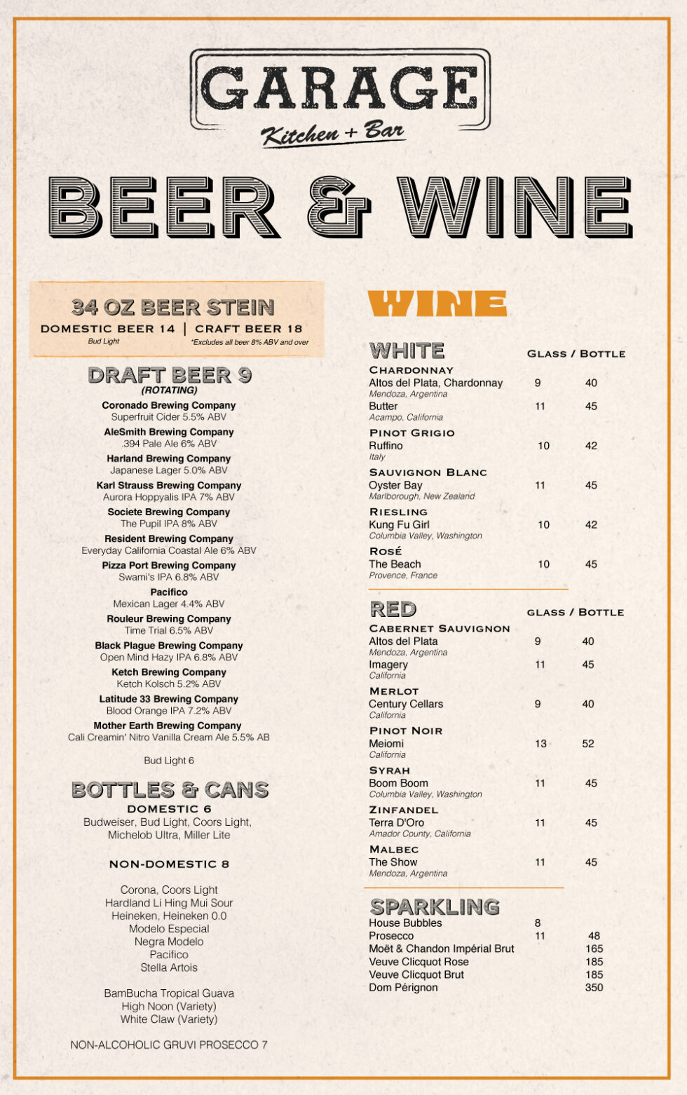 MENUS - Garage Kitchen + Bar | San Diego Bar