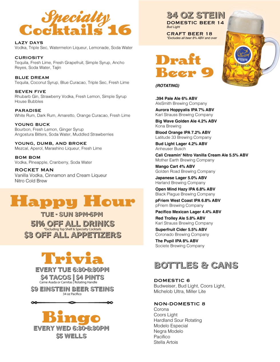 MENUS - Garage Kitchen + Bar | San Diego Bar